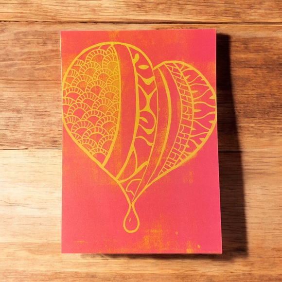 Art | Linocut By Khephra Red And Gold Heart Art Print Unframed | Poshmark